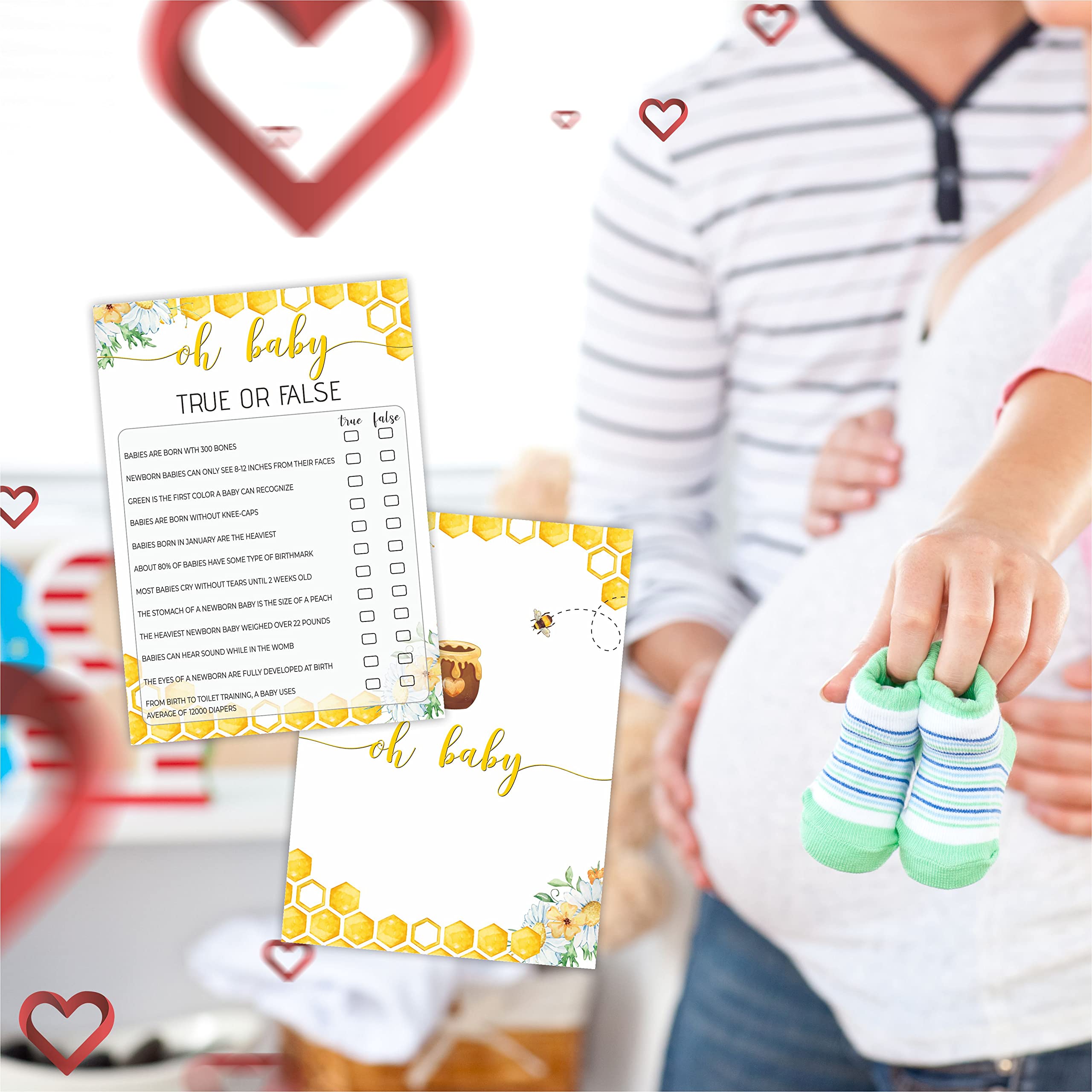 30 Honey Bee Themed Baby Shower Game Cards with an Answer Card, Baby True or False double sided (5 X 7 inches)-(BABYYX-006)