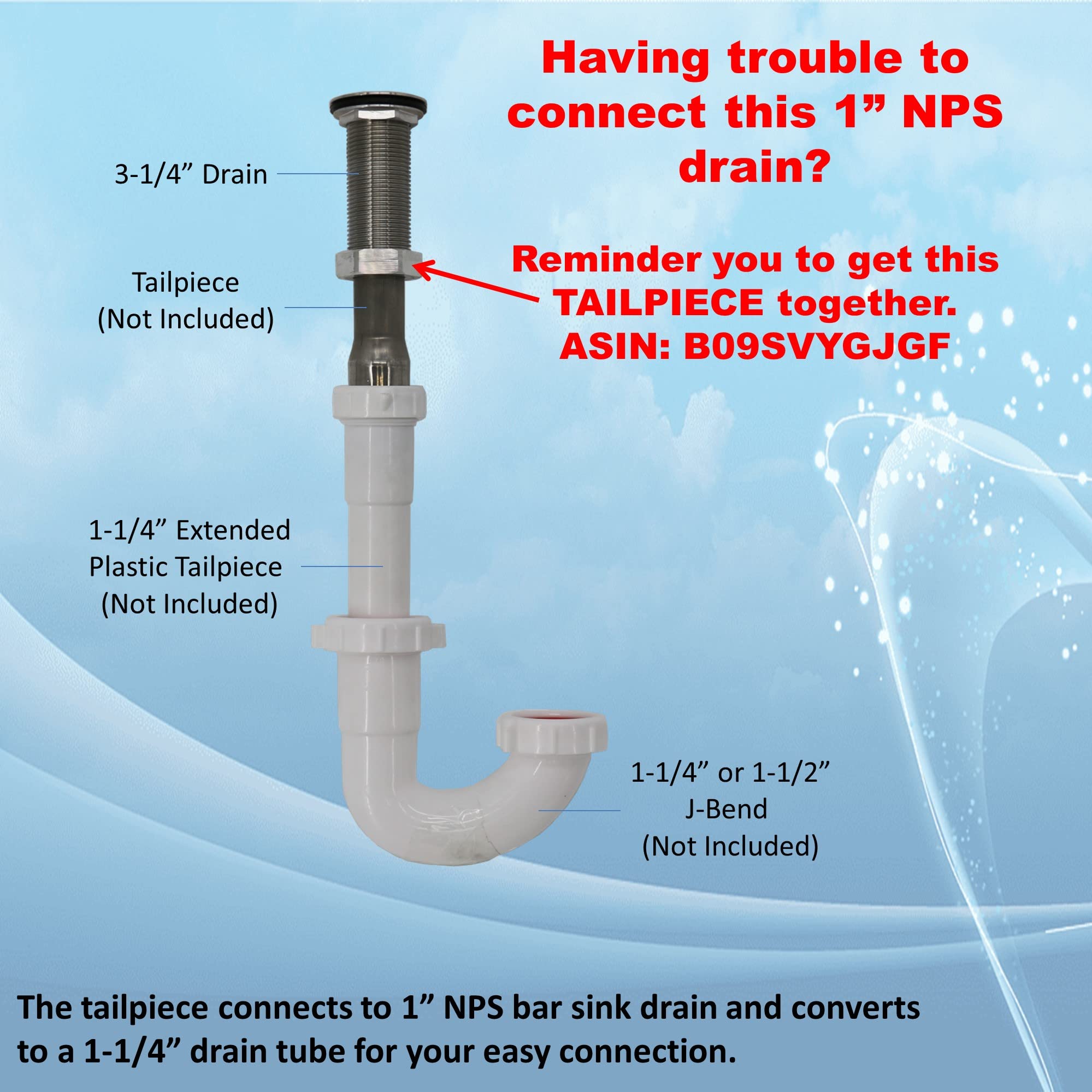 AA Faucet Stainless Steel Bar Sink Drain 1" Nominal Pipe Size (1" NPS) for 1-3/8" Sink Opening