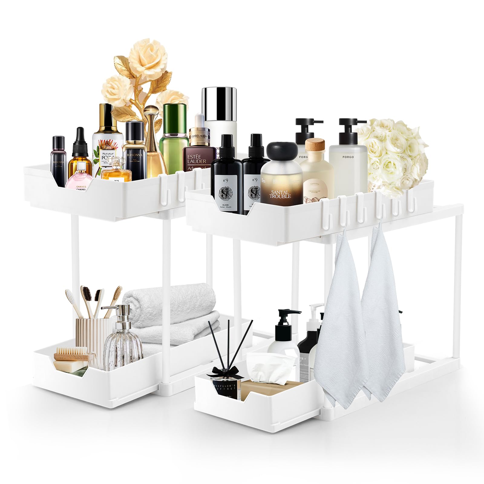 2-Tier Under Sink Organizer Storage, Double Sliding Under Cabinet Basket Organizer with 2 Pull Out Drawers & 4 Hooks, Multi-Purpose Under Shelf Organizer for Bathroom Kitchen (White, 2 Pack)