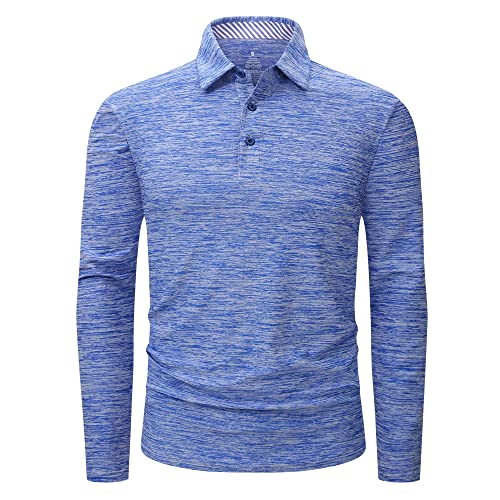Alex Vando Mens Golf Shirt Moisture Wicking Quick-Dry Long Sleeve Casual Polo Shirts for Men,Blue,L