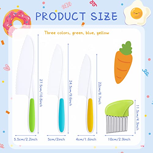 4 Pcs Kids Knife Toddler Safe Cutter Serrated Edges Set for Kitchen Cooking Plastic Children's Cooking Friendly Knife and Crinkle Cutter for Fruit Cake Food Vegetable (Green, Blue, Yellow)
