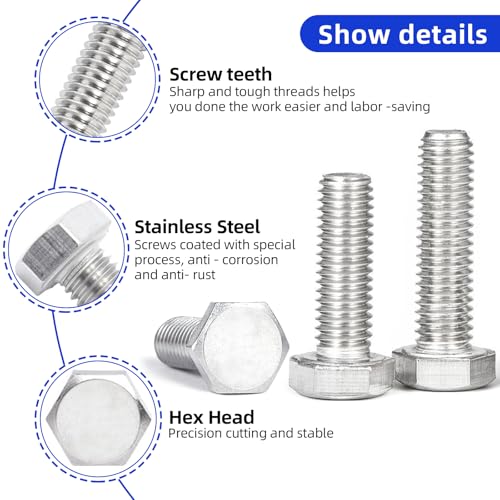 3/8-16 × 1" Hex Head Screw Bolt, 304 Stainless Steel 18-8, Full Thread, Coarse Thread UNC, ASME B18.2.1, 10 Pcs-Pack