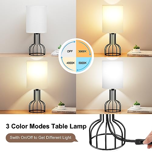 Bedside Table Lamp for Bedroom - Small Lamp with 3 Color Modes-3000K-4000K-5000K Nightstand Lamp with Simple Black Metal Base and White Fabric Shade for Kids, Living Room,Bedroom (LED Bulb Included)