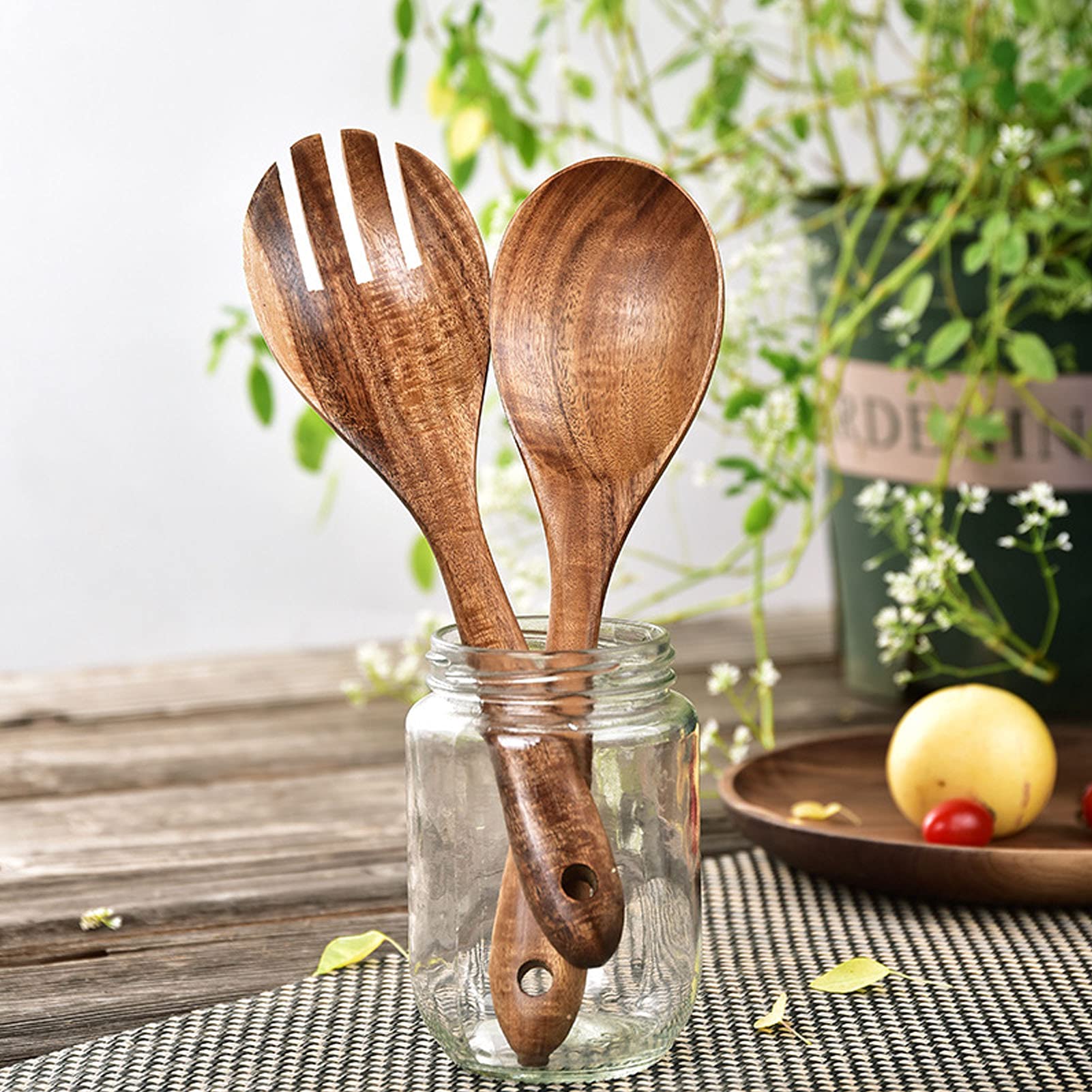 2Pcs / Set Wooden Mixing Spoon Fork with Hanging Holes, Ergonomic Design, Ideal for School Office Festival Use