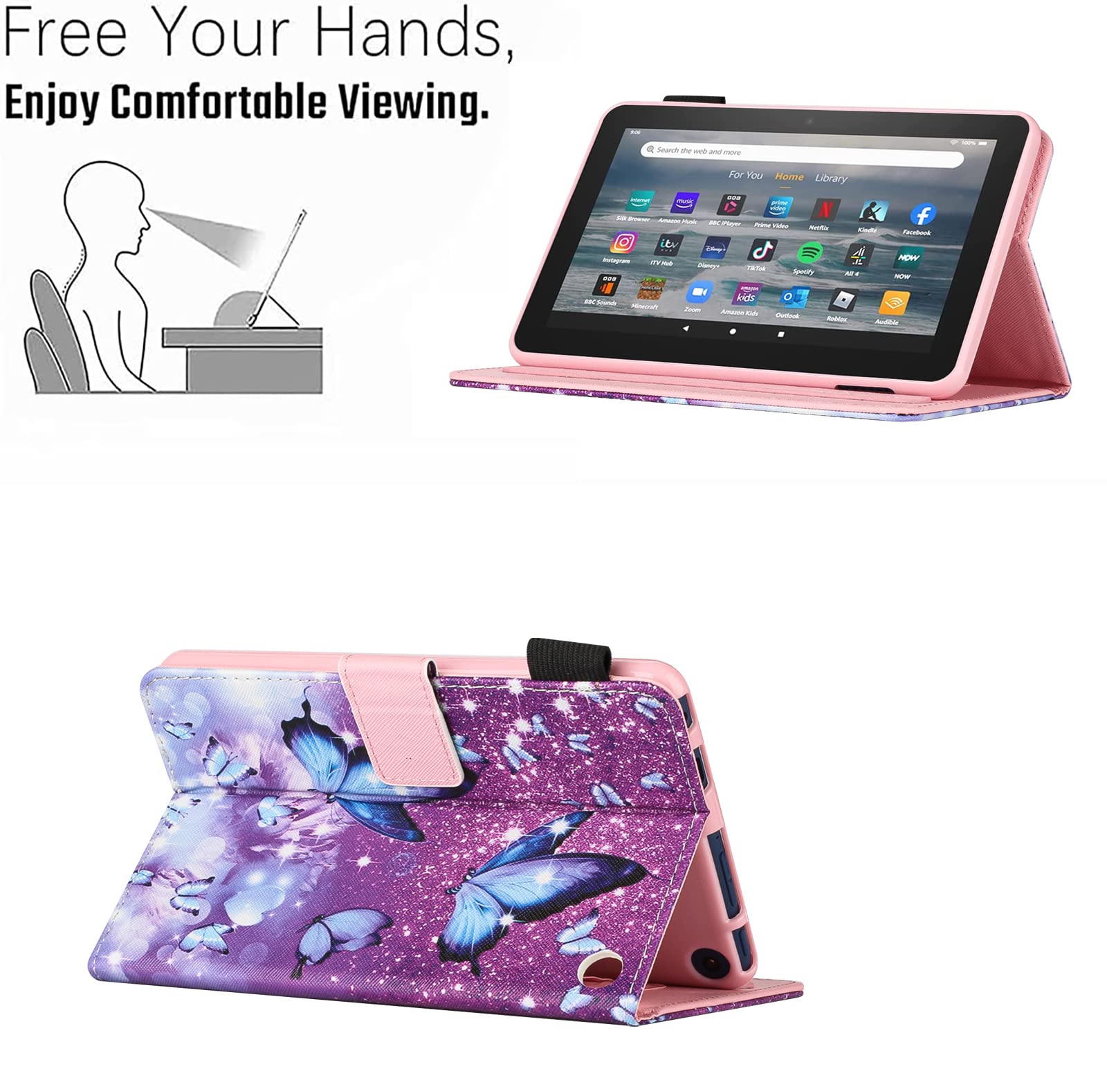 YUNHOTIC Case for All-New Amazon Fire HD 8 & 8 Plus (12th/10th Generation, 2024/2022/2020 Release), Pen Holder, Premium PU Leather Stand Cover with Smart Auto Wake/Sleep, Butterfly