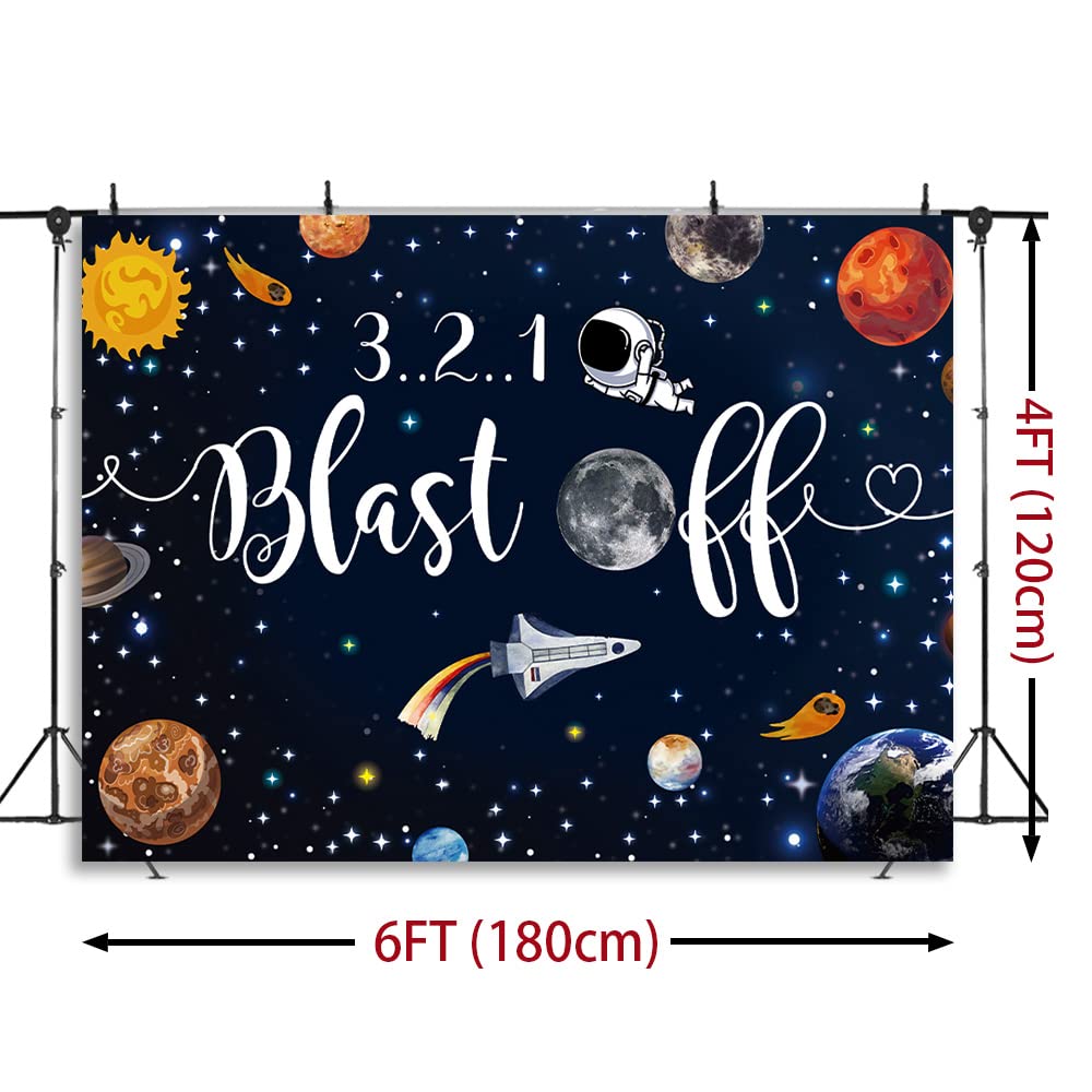 3..2..1.. Blast Off Party Decorations Backdrop, Rocket Astronaut Planet Galaxy Outer Space Boy Girl Party Decorations Supplies, Universe Themed Party Decorations Banner Photo Studio Background (6x4ft)