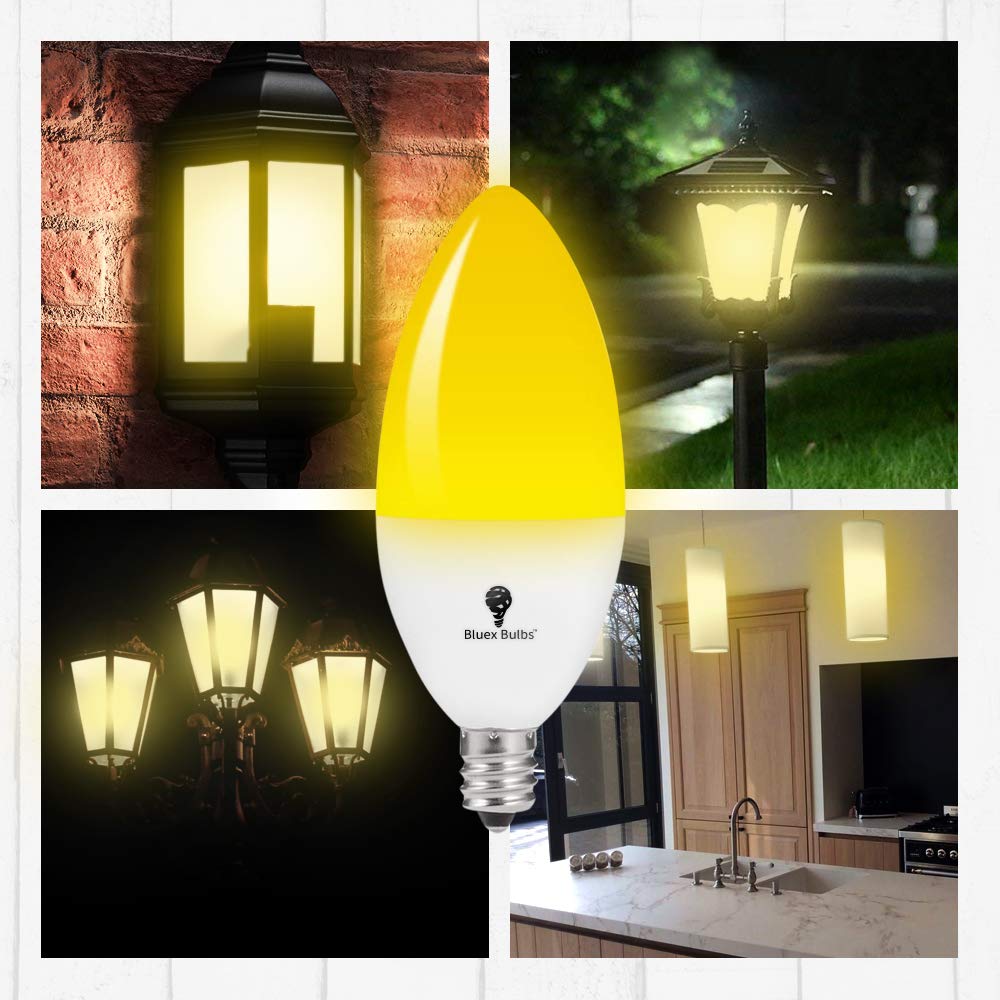2 Pack LED Dusk to Dawn 6W E12 Bug Light Bulbs, Yellow Bulb, 65W Equivalent - Amber Light with Automatic Sensor Bulb, LED Porch Lights Security Outdoor Bulb, Auto on/Off, 2000K, Candelabra Bulb