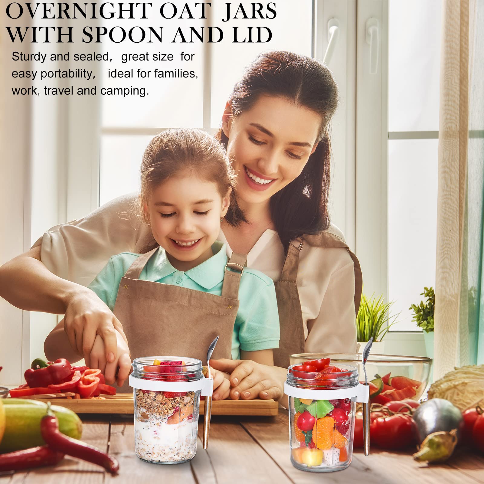 8 Pcs 10 oz Overnight Oats Containers with Lids and Spoons Large Capacity Airtight Oatmeal Overnight Oat Jars with Measurement Marks Oatmeal Container for Milk Cereal Fruit (White)