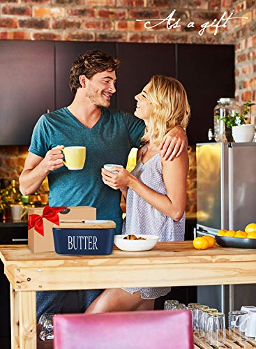 AISBUGUR Large Butter Dish with Lid Ceramics Butter Keeper Container with Knife and High- quality Silicone Sealing Butter Dishes with Covers Good Kitchen Gift Blue