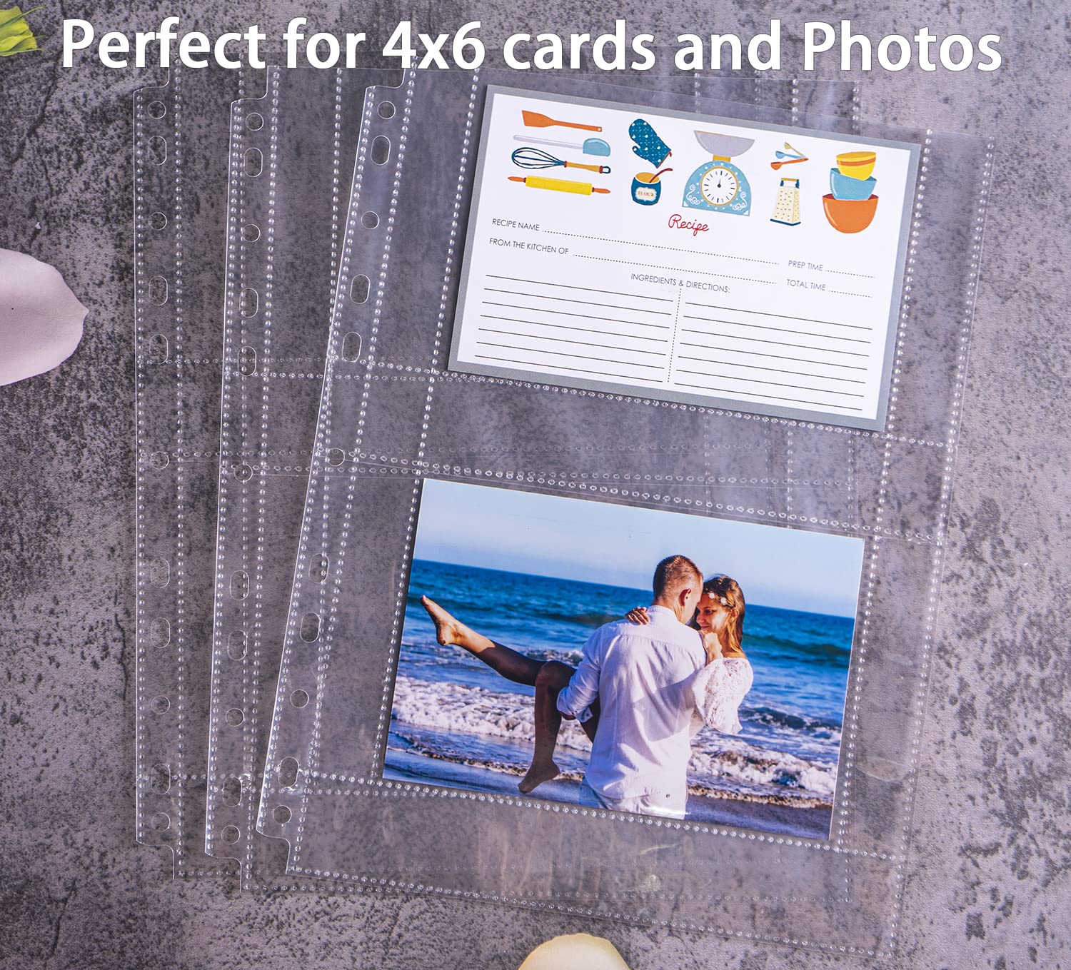 30 Pack 120 Pockets 4x6 Recipe Card Sleeves,3 Ring Binder Recipe Card Protector Pages,Double Sided 2 Pocket Refill Sheets for Recipe Book, 8.5x11 Inch Top Loading Clear Sleeve Sheets