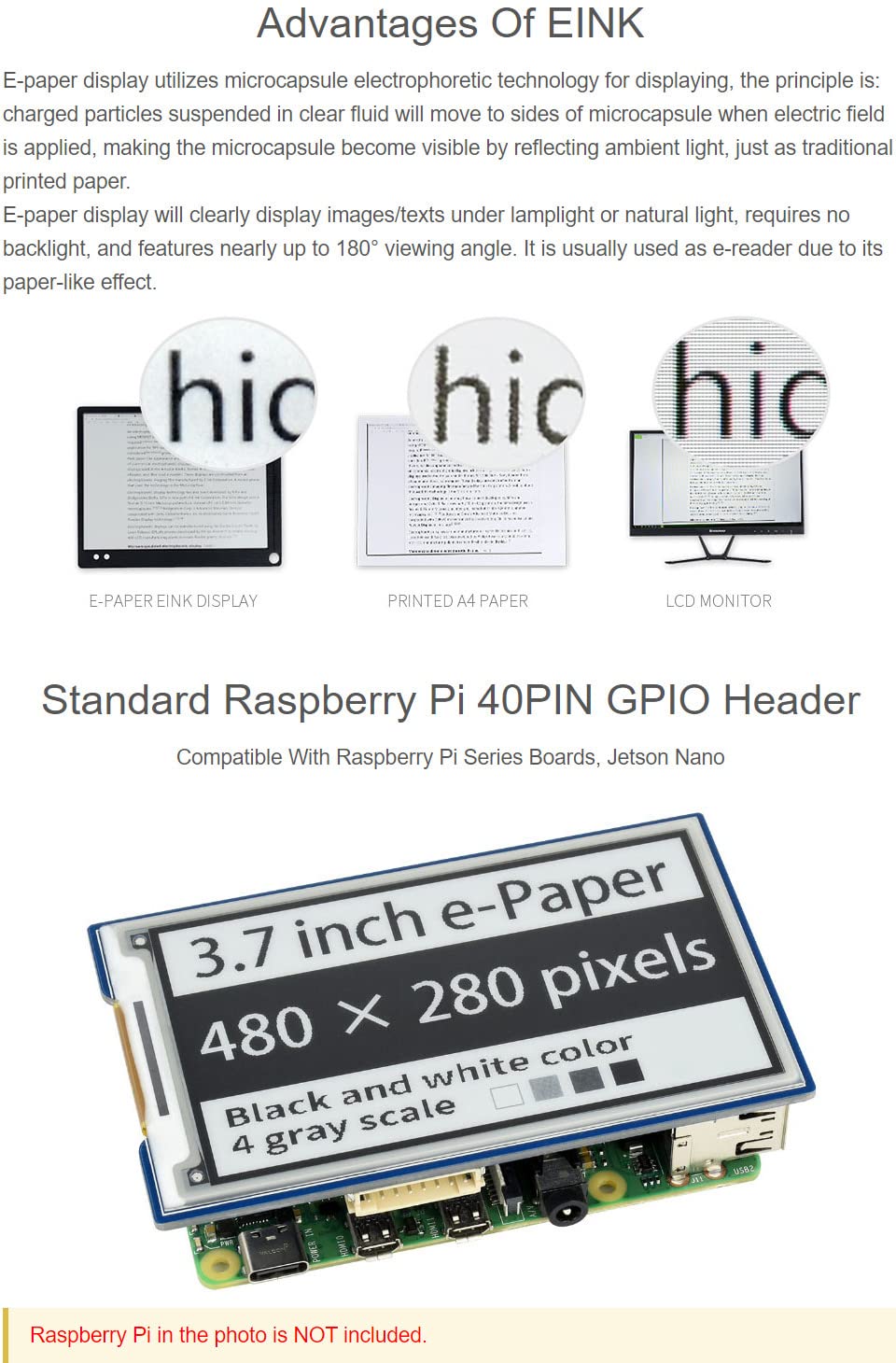 waveshare 3.7inch E-Paper E-Ink Display HAT Compatible with Raspberry Pi4B/3B+/3B/2B/B+/A+/Zero/Zero W/WH/Zero 2W 480×280 Pixels Black/White 4 Grey Scales SPI Interface Supports Partial Refresh