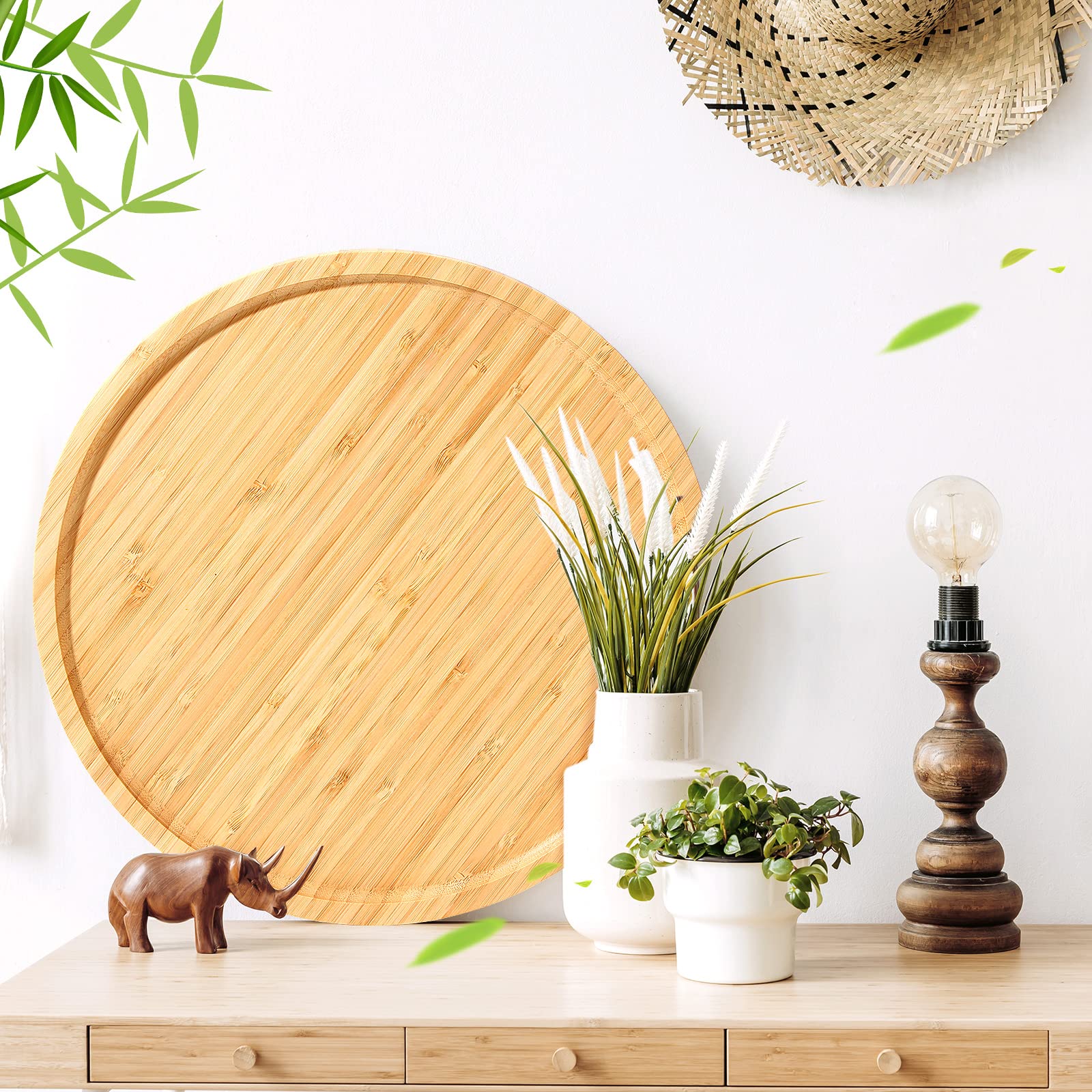 3 Pcs Bamboo Serving Tray Round Bamboo Tray Round Wood Plates Wooden Serving Platter Charcuterie Serving Board with Rim for Kitchen Counter Home Dinning Coffee Table Fruit Bread Plant Pot (11.8 Inch)
