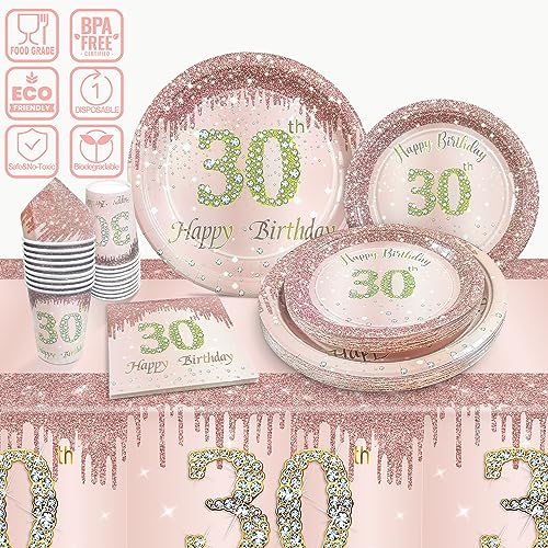 algpty 30th Birthday Decorations Plates Set Rose Gold | Service for 20 | 30th Birthday Party Supplies Rose Gold with Plates, Cups, Napkins, Tablecloth | 30th Birthday Supplies Tableware for Women