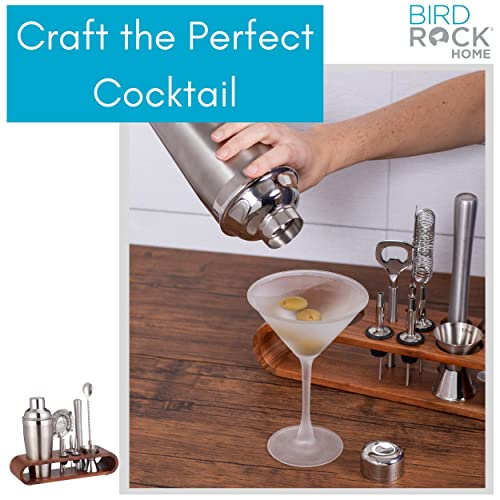 BIRDROCK HOME 10 Piece Bartender Kit with Wood Stand | Acacia | Professional Grade Stainless Steel Cocktail Set | Home Bar Tools | Gifts for Him | Shaker Bottle Opener