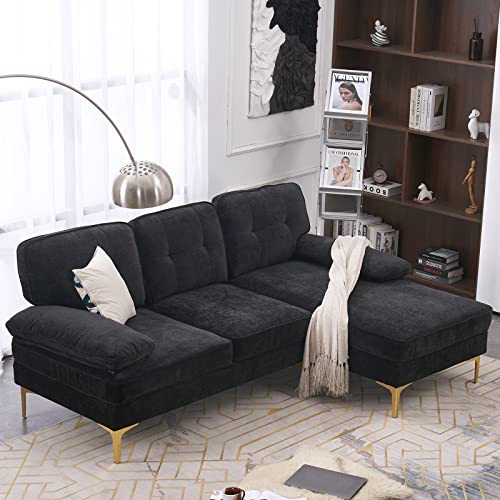 POULEII Sectional Sofa,Modern L-Shape Modular Sectional Sofa Sleeper Couch with Chenille Fabric and Gold-Plated Feet for Living Room, Apartment, Office,Black