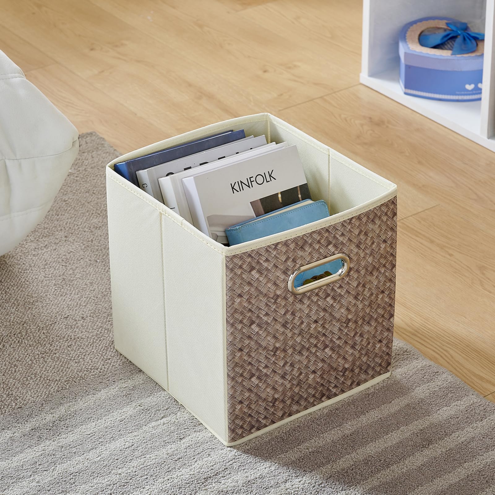 SHACO 6 Pack Beige Woven Pattern Foldable Storage Cubes Bins,10.5"x10.5" Fabric Storage Bins with Double Metal Handles,Set of 6 Closet Organizers for Shelves Cabinet Bookcase