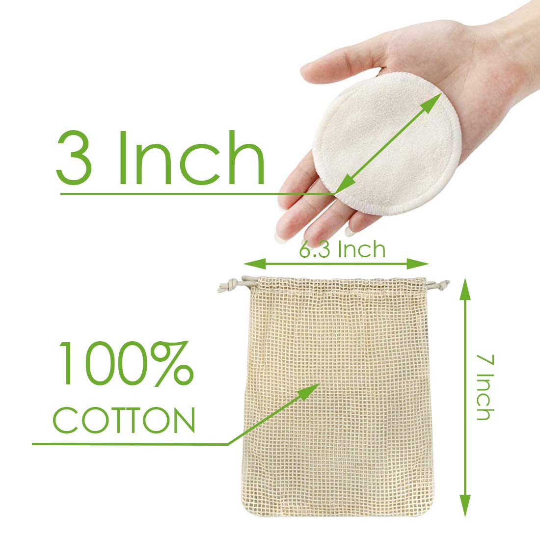 20PCS Reusable Makeup Remover Pads - Organic Bamboo Reusable Cotton Rounds with Laundry Bag, Washable Facial & Eye Makeup Cotton Pads