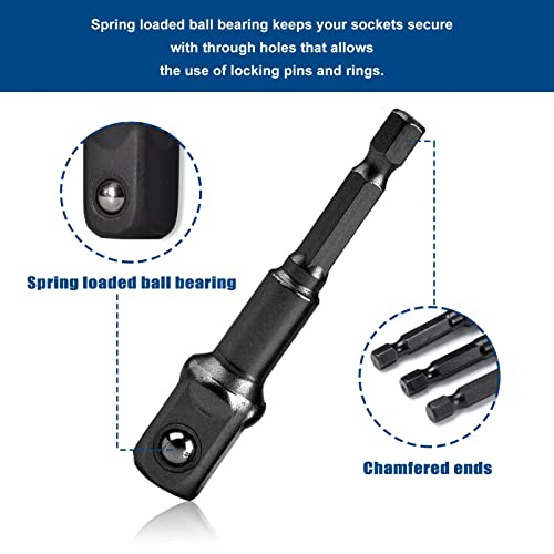 7 Pieces Set Impact Drill Socket Adapter, 1/4"3/8"1/2" Hex Shank Adapter Reducer with Extension Set Impact Driver Conversions, Active Rust Protection By Black-Phosphate Coating Treatment