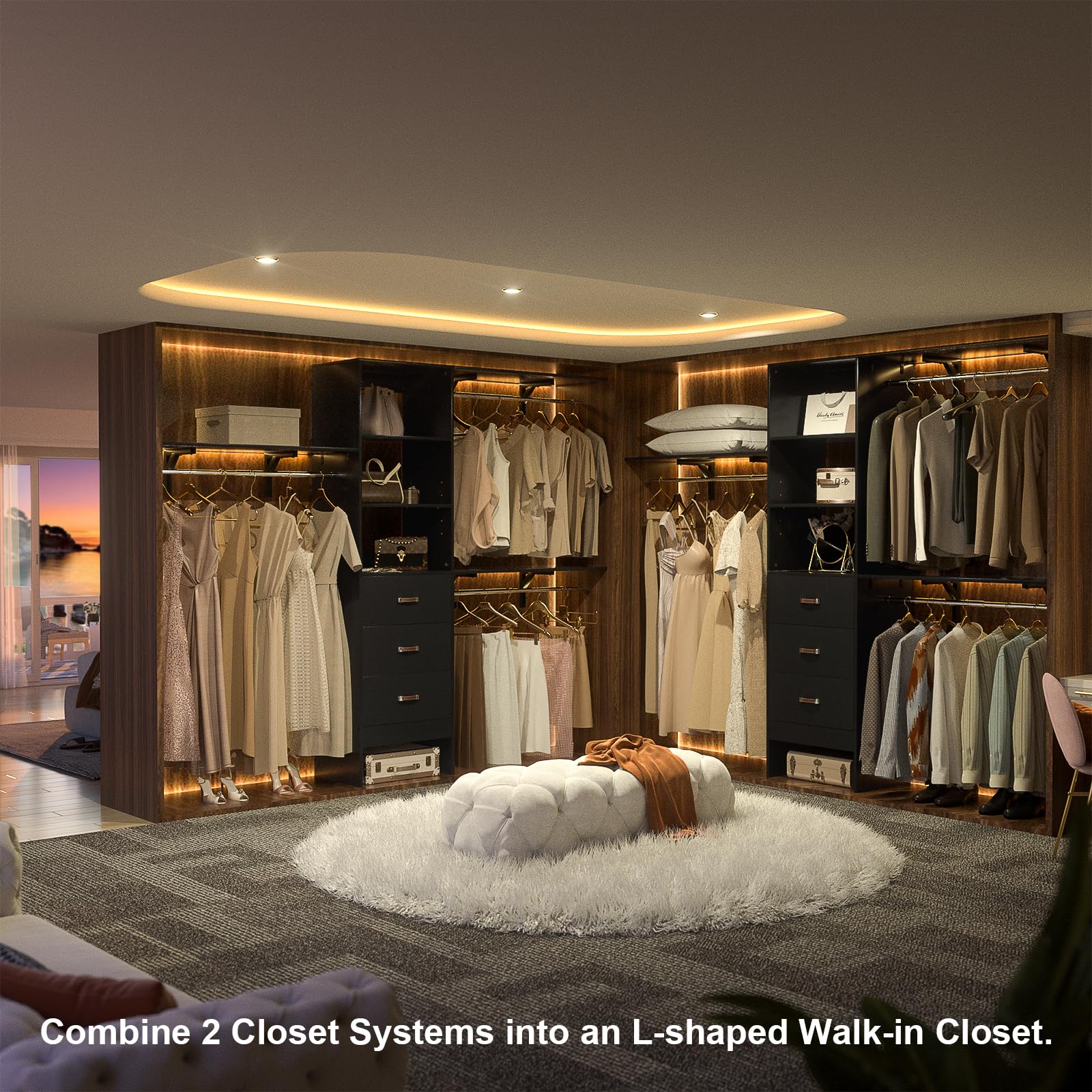 iSunirm 8FT Closet System, 96'' Closet Organizer System with 3 Hanging Rods, Wall Mount Bedroom Wardrobe with 3 Drawers Walk-in Closet, Adjustable Cloth Garment Rack from 5 to 8FT (Cut to Fit), White