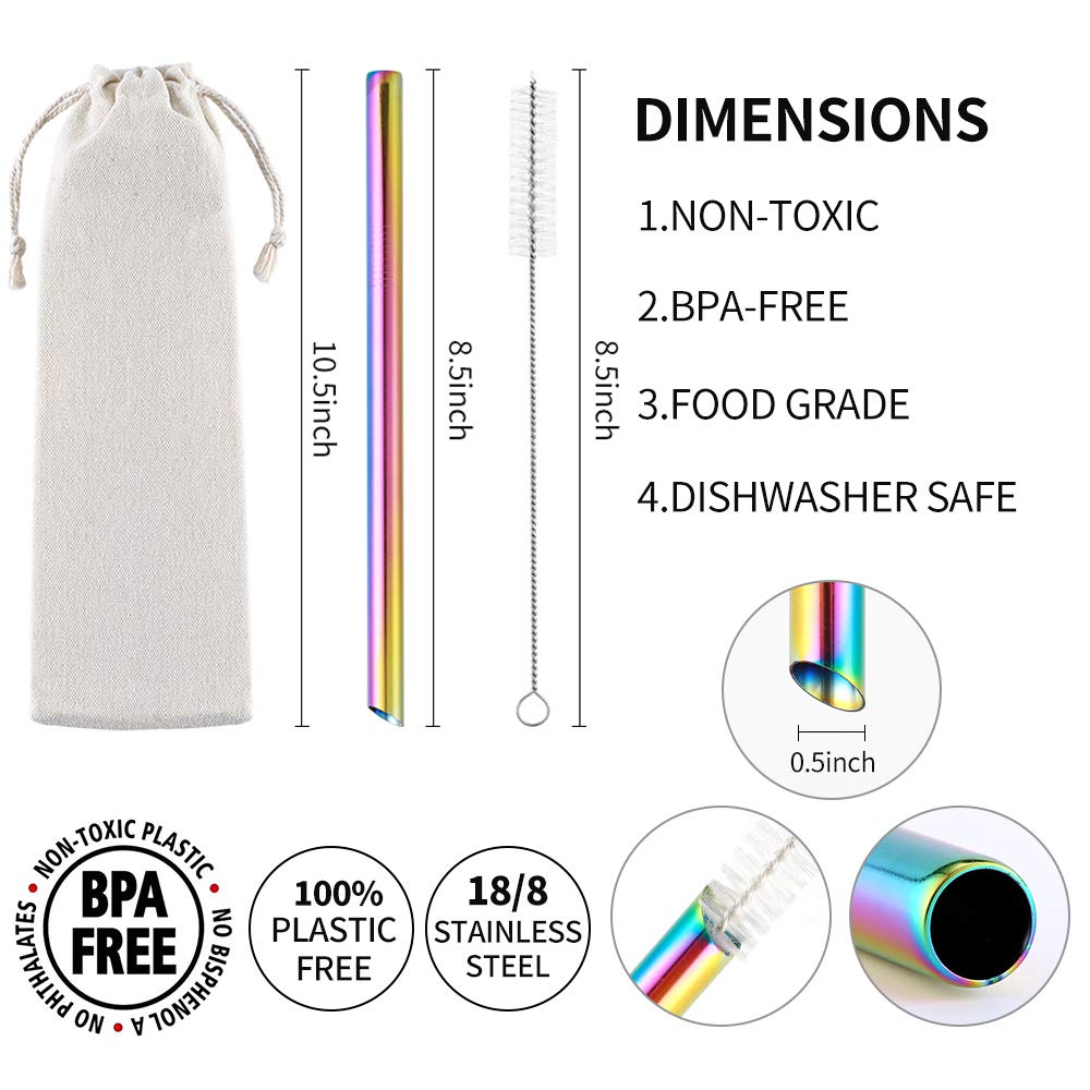 3 Pcs Reusable Boba Straws & Smoothie Straws, 0.5" Wide Stainless Steel Straws, Angled Tips Metal Straws for Bubble Tea, Milkshakes, Smoothies with Cleanning Brush & Case (Rainbow)