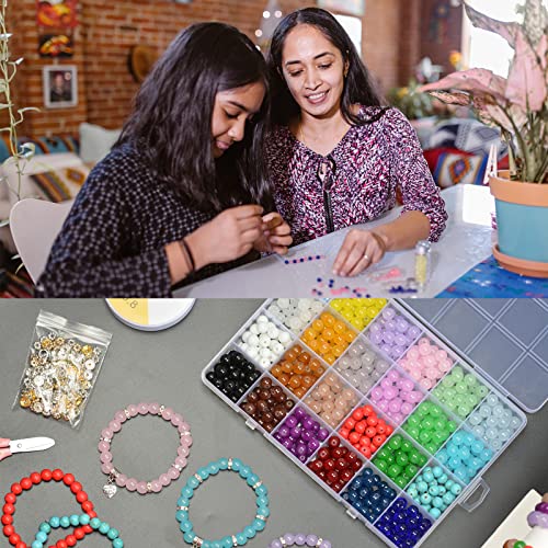 AIFNIY 570PCS Glass Beads for Jewelry Making 8mm Turquoise 24 Colors Crystal Beads Bracelet Making Kit Loose Round Gemstone Stone Spacer Chakra Energy Healing Beads Bulk DIY Crafts (Kit A)