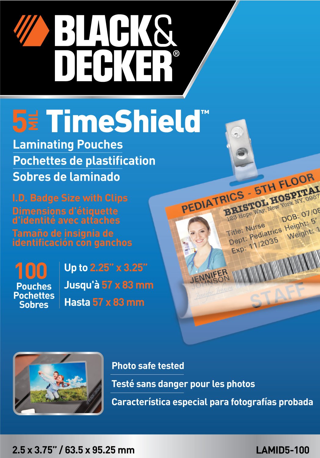 Black + Decker TimeShield Thermal Laminating Pouches, ID Badge with Clips, 5 mil - 100 Pack of Horizontal Badges (LAMID5-100)