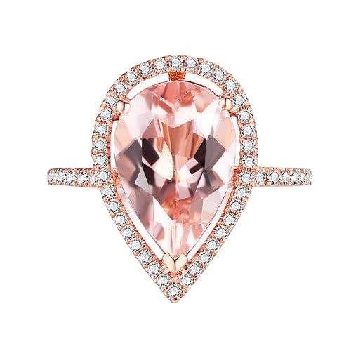 2.15 Cttw Pear Shape Simulated Peach Morganite & White Cubic Zirconia Wedding Engagement Halo Ring In 14K Rose Gold Plated 925 Sterling Silver - Ring Size - 5.5
