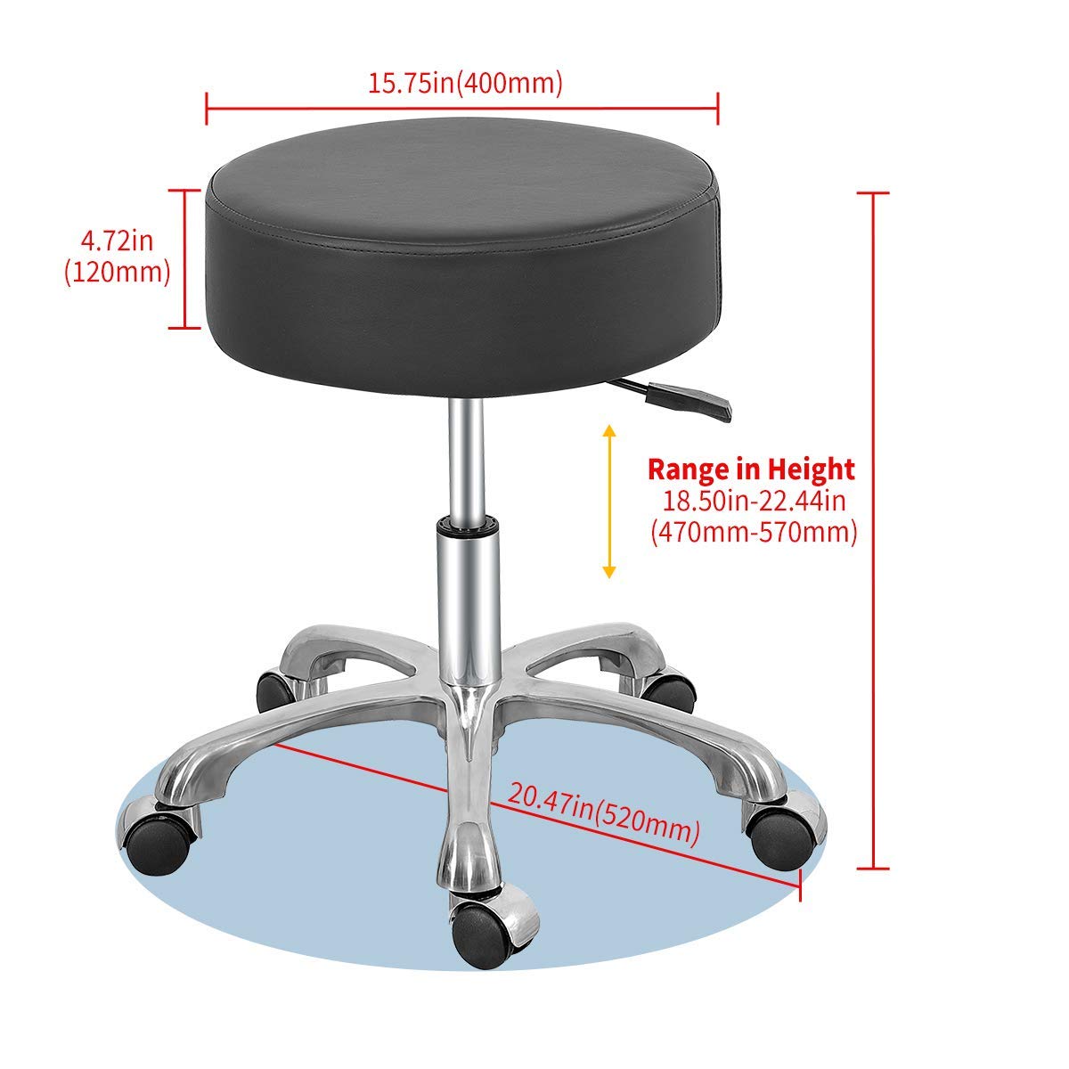 Lilfurni Swivel Rolling Stool Round Chair,Thick Sturdy Padding,Adjustable Stool with Wheels for Doctor,Medical,Massage Salon,Office,Shop(Black) (no Back, Black)