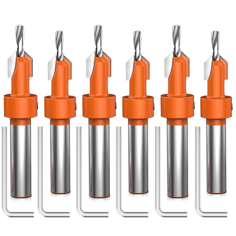 SENDRILL Wood Working Countersink Drill Bit Set Round Shank for Timber Working, with Hex Key Wrench(6PCS)
