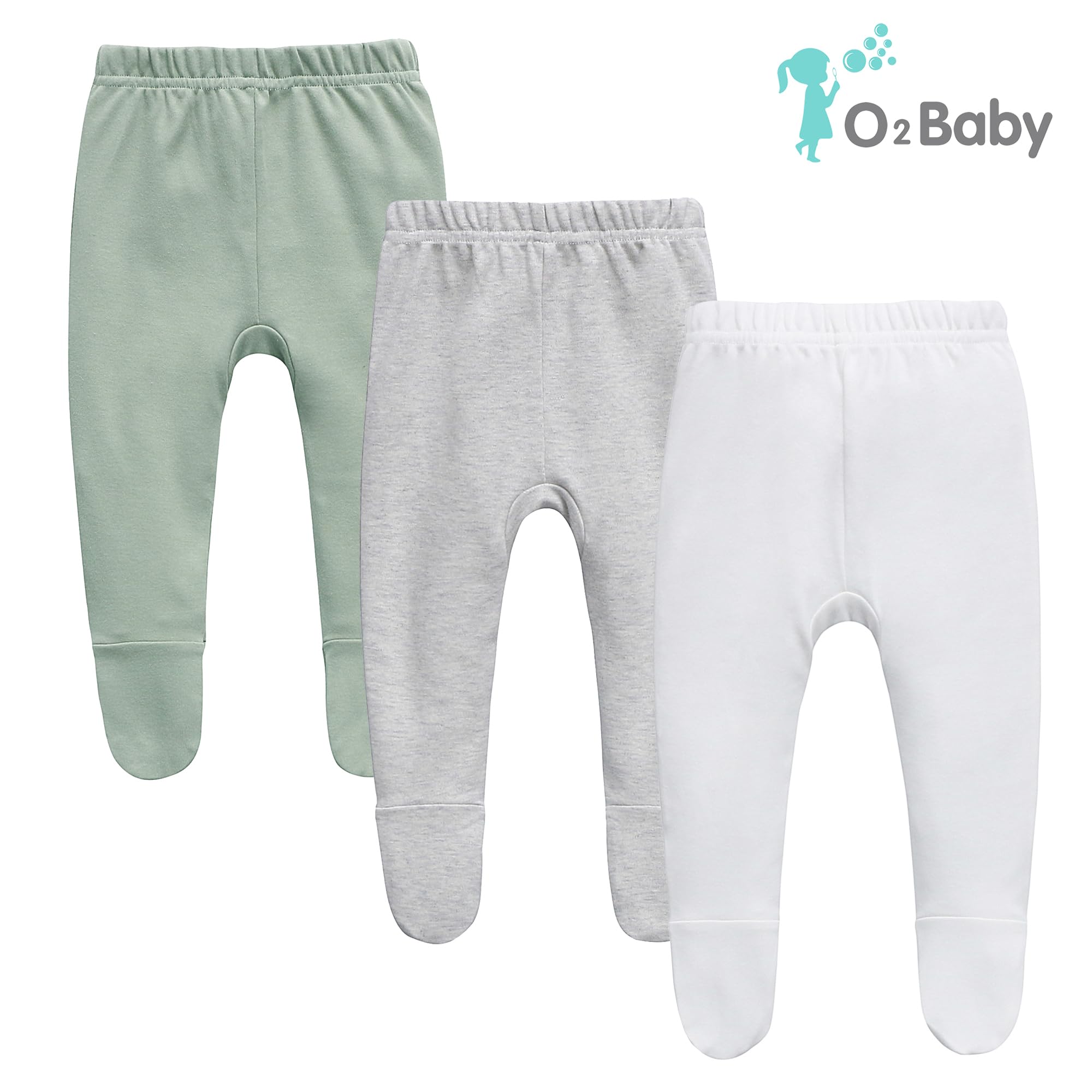 O2 BABY Organic Cotton Unisex Baby Jogger Pants, 3-Pack Pull-on Bottoms, Newborn Leggings (Newborn, Grey/White/Green)