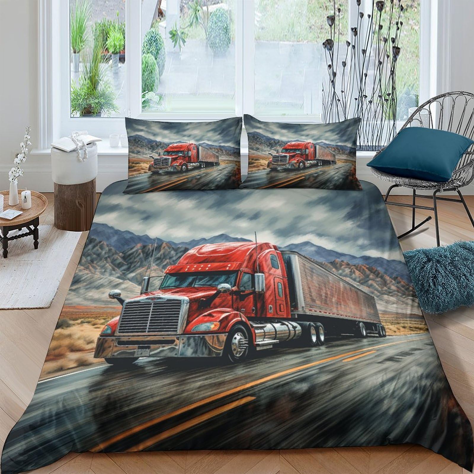 AAHARYA Red Semi-Trailer Quilt Cover 3D Printed Big Truck Bedding Set Comforter Covers Duvet Cover 3 Pieces with Pillowcases for Childrens and Adults Microfiber with Zipper Closure Twin(173x218cm)