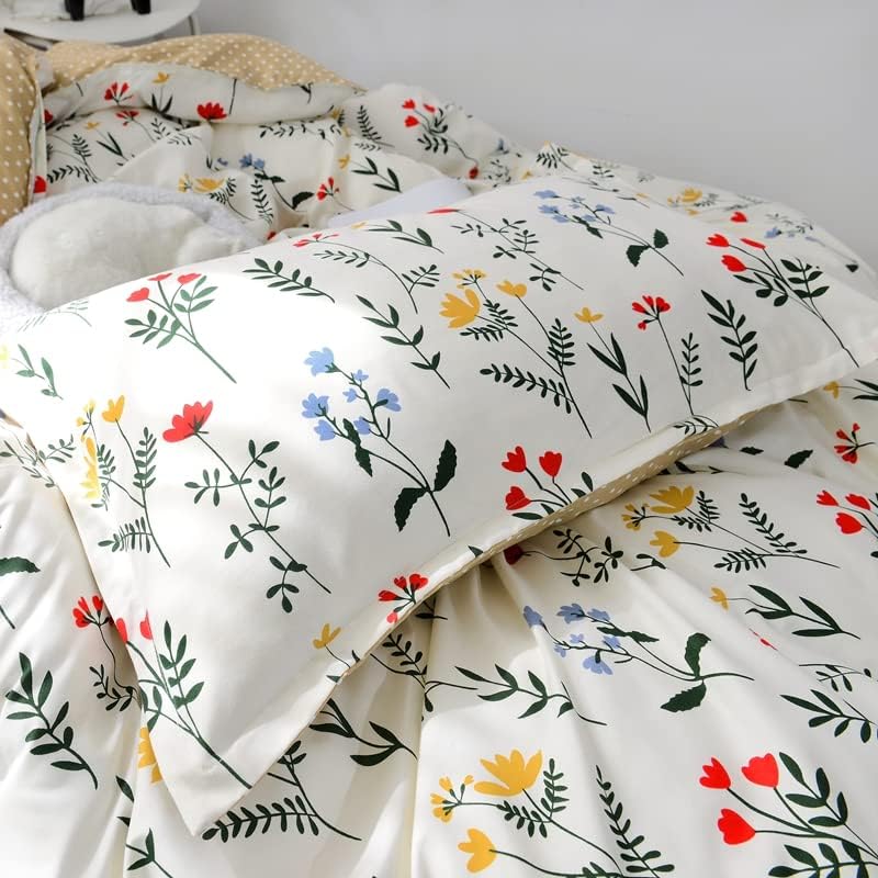 ARIGHTEX Red Yellow Floral Microfiber Bedding Comforter Cover Set Full Size Nature Botanical Quilt Cover Green Leaves Printed Duvet Cover with Zipper Closure (3 Piece)