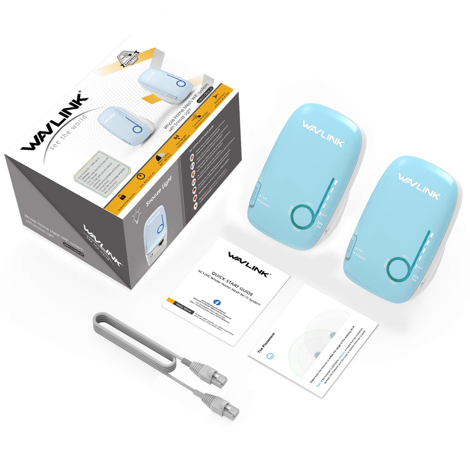 WAVLINK Mesh WiFi System (2-Pack), Up to 3000 Sq.ft., Dual-Band Gigabit Mesh WiFi Extenders, Wall-Mounted Smart Whole Home Wi-Fi Routers with Snooze Light, Built in 4 Antennas.