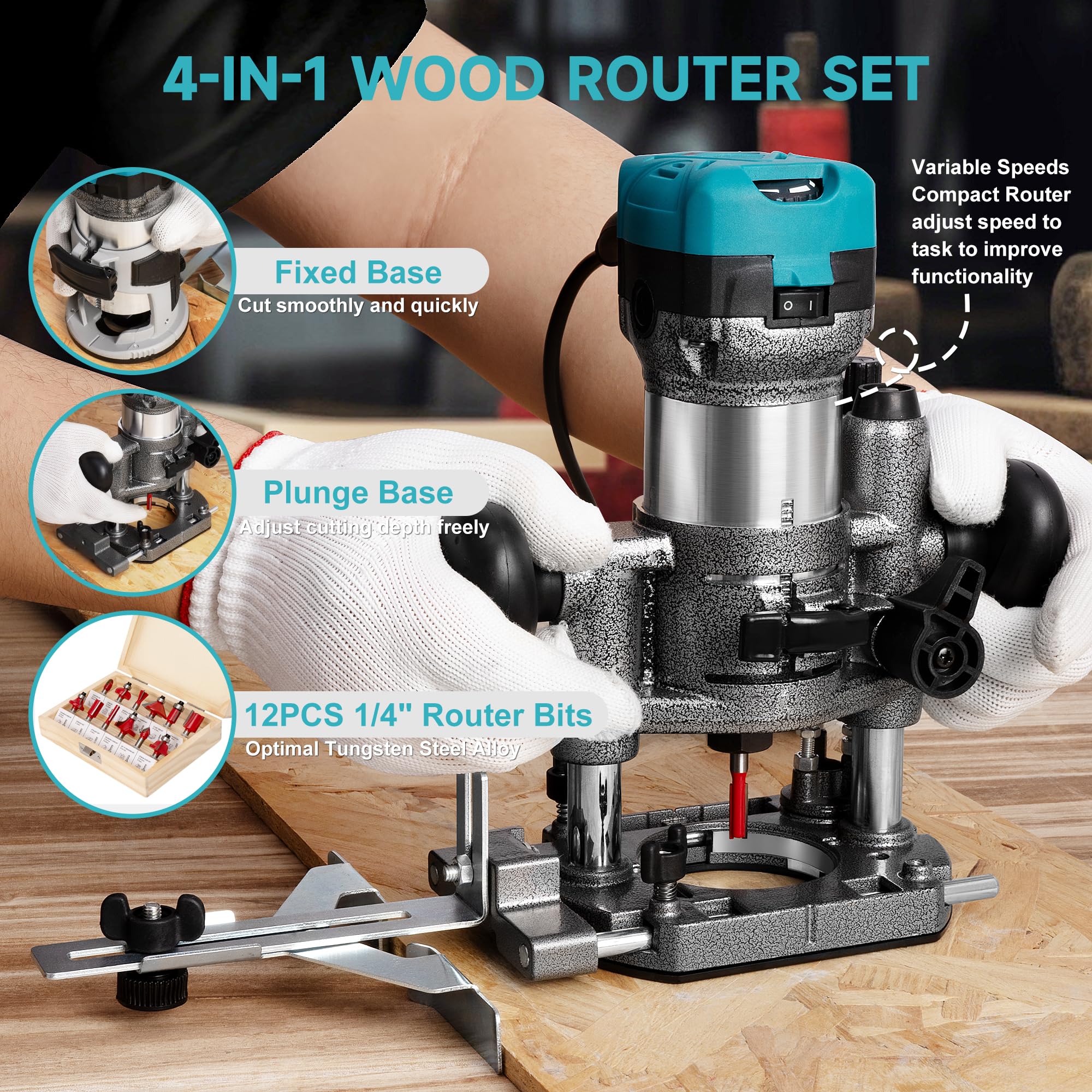 4 in 1 Wood Router Tool,1.25-HP Compact Router 6 Variable Speed, with Plunge Router & Fixed Base,12-Piece Router Bits Set