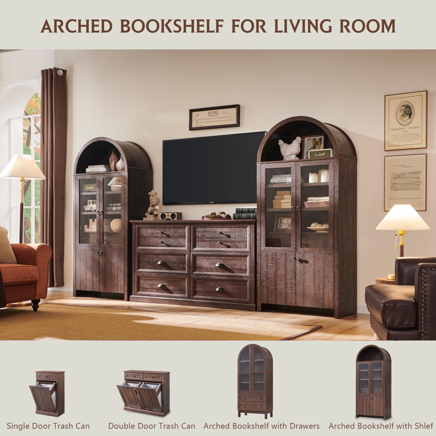 71” Tall Arched Bookshelf, Modern Farmhouse Bookcase w/ Open & Adjustable Shelf, Wooden Display Cabinet with Large Hidden Drawer and Glass Doors, Versatile Bookshelf for Living Room, Bedroom, Grey