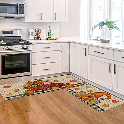Artoid Mode Polka Dot Gnome Truck Pumpkin Fall Kitchen Mats Set of 2, Maple Leaf Home Decor Low-Profile Kitchen Rugs for Floor - 17x29 and 17x47 Inch