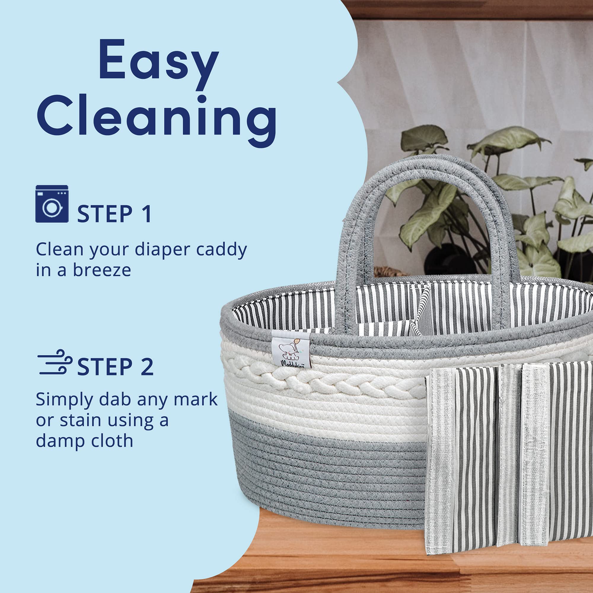 MADDYKINS - Diaper Caddy, Diaper Basket Organizer, 100% Pure Woven Cotton Diaper Storage Caddy, Large Diaper Caddy, Grey/White