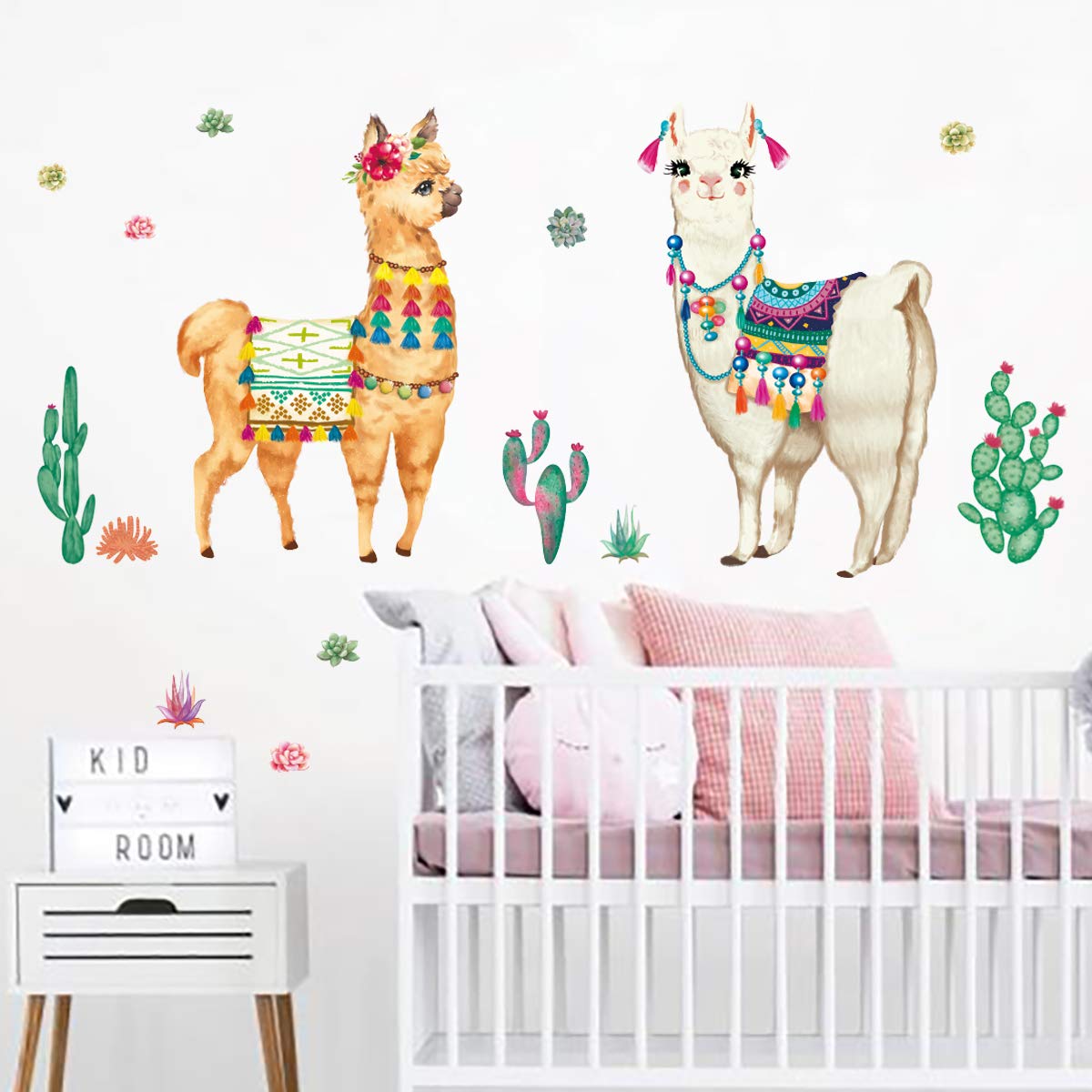 decalmile Large Llama Wall Decals Tropical Cactus Plants Wall Stickers Baby Nursery Kids Bedroom Living Room Wall Decor (H: 24 Inches)