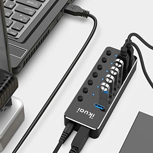Powered USB 3.0 Hub, ikuai 7-Port Multiple USB Port Splitter, USB 3 Powered Hub with Individual LED On/Off Switches and Power Supply, Multiple USB Hub 3.0 Powered for Mac, PC