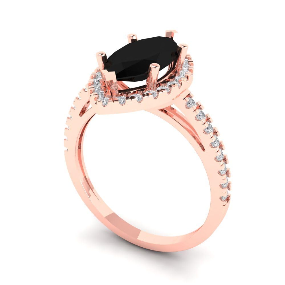 2.38 ct Marquise Cut Solitaire accent Halo Natural Black Onyx Engagement Promise Anniversary Bridal Ring 14k Rose Gold 4.25