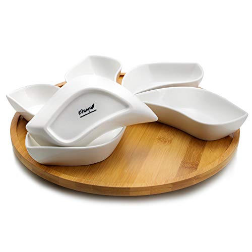 Elama Signature 7 Piece Modern Lazy Susan Appetizer and Condiment Server Set with 6 Unique Design Serving Dishes and a Bamboo Lazy Suzan Serving Tray, 13.5" L