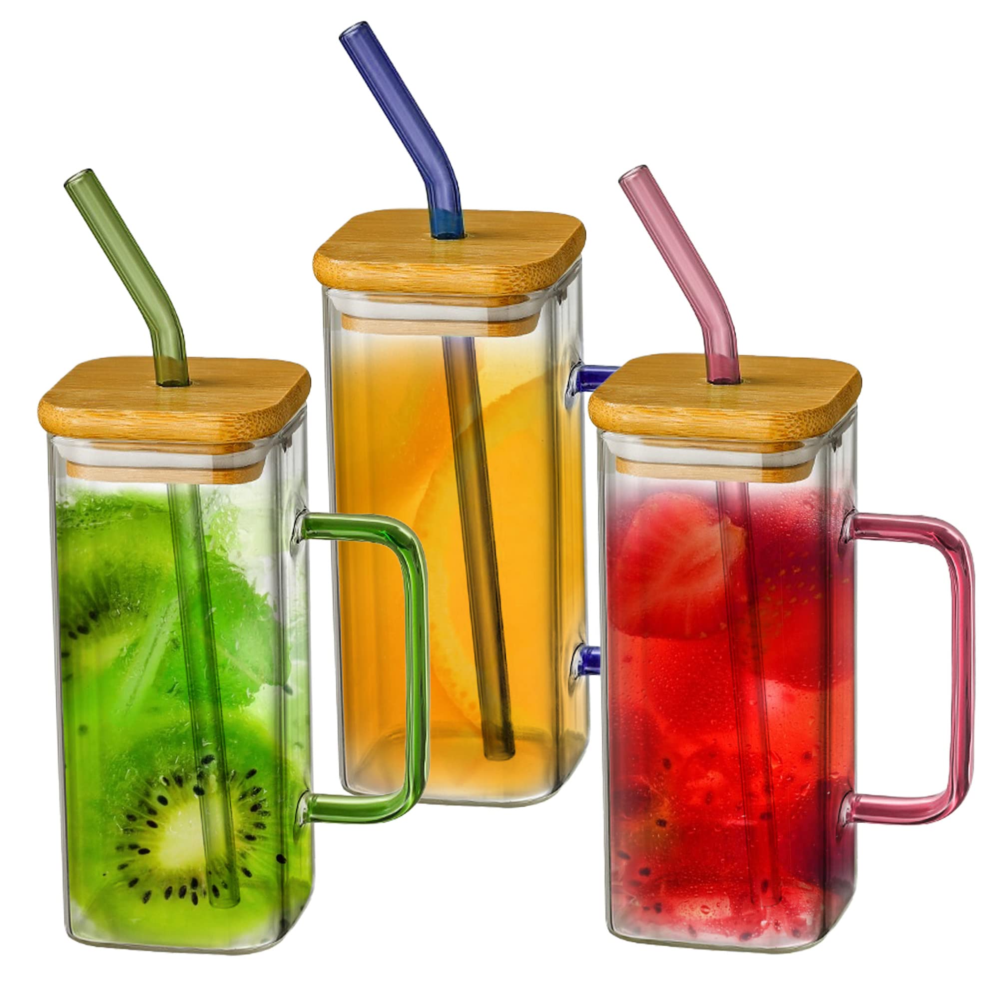 3pcs Glass Cup with Bamboo Lid and Straw Clear Tall Coffee Mugs with Handle for Iced Coffee, Tea, Beverages Aesthetic Cups in Blue/Green/Pink –13.5fl oz