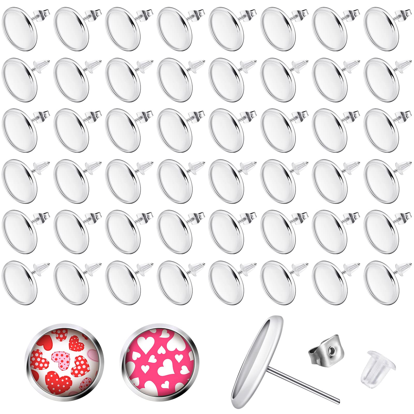 300 Pieces Stud Earring Kit Include 100pcs 12 mm Stainless Steel Blank Stud Bezel Settings 100 Rubber Backs 100 Earring Backs (Silver with Silver and Clear)