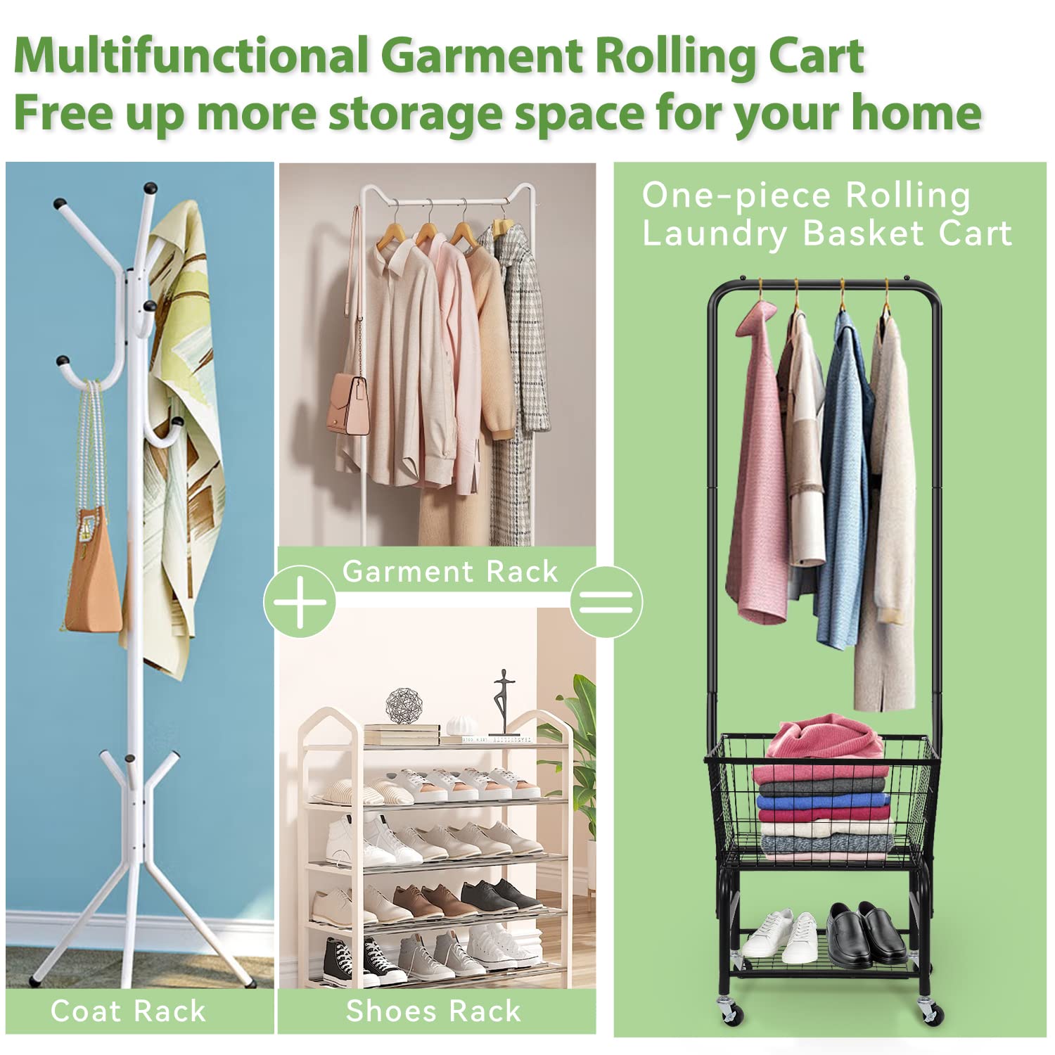 Mosxoed Laundry Cart with Wheels and Hanging Rack, Rolling Laundry Basket with Clothes Rack Laundry Butler with Wire Storage Rack Coat Rack for Laundry Bedroom Hallway, Black