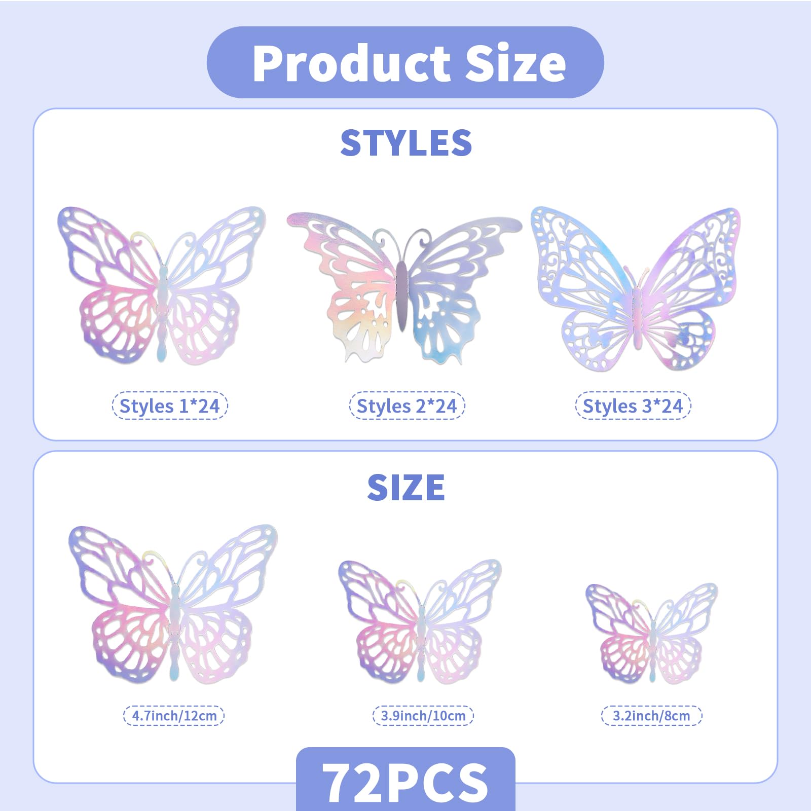 72PCS 3D Laser Silver Butterfly Wall Decor, 3 Styles 3 Sizes, Metallic Butterfly Wall Stickers Room Mural, Removable Butterfly Decorations for Room, Party, Birthday, Wedding, Cakes, DIY Gift