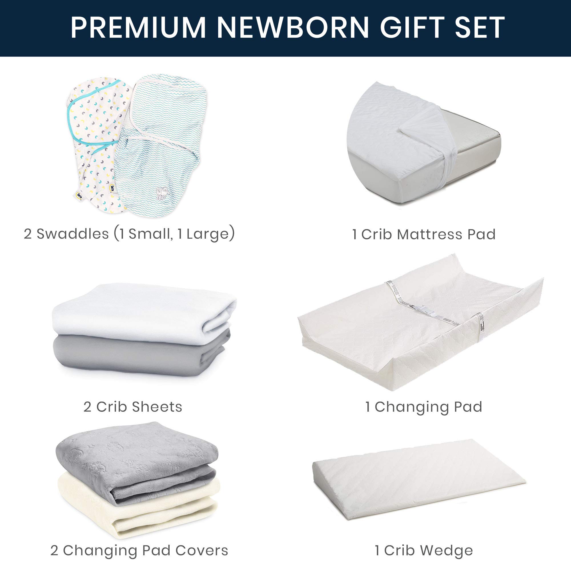 Serta 9-Piece Nursery-in-a-Box Newborn Baby Gift Set for Boys and Girls – Set Includes 2 Swaddles, Changing Pad, 2 Changing Pad Covers, 2 Crib Sheets, Crib Mattress Pad and Crib Wedge, White/Grey