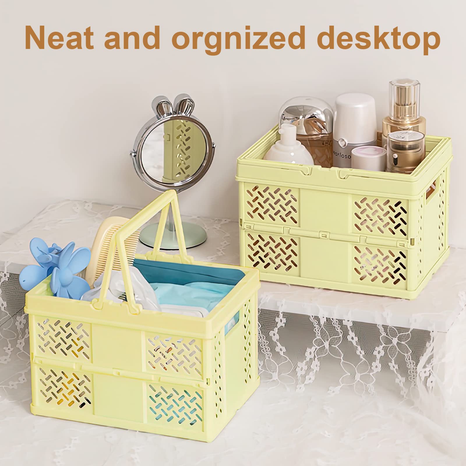 2 Pack Plastic Crate for Desktop Storage Organizing, Durable and Reliable Mini Basket with Carrying Handle, Folding Basket for Home Kitchen Classroom and Officeā¦