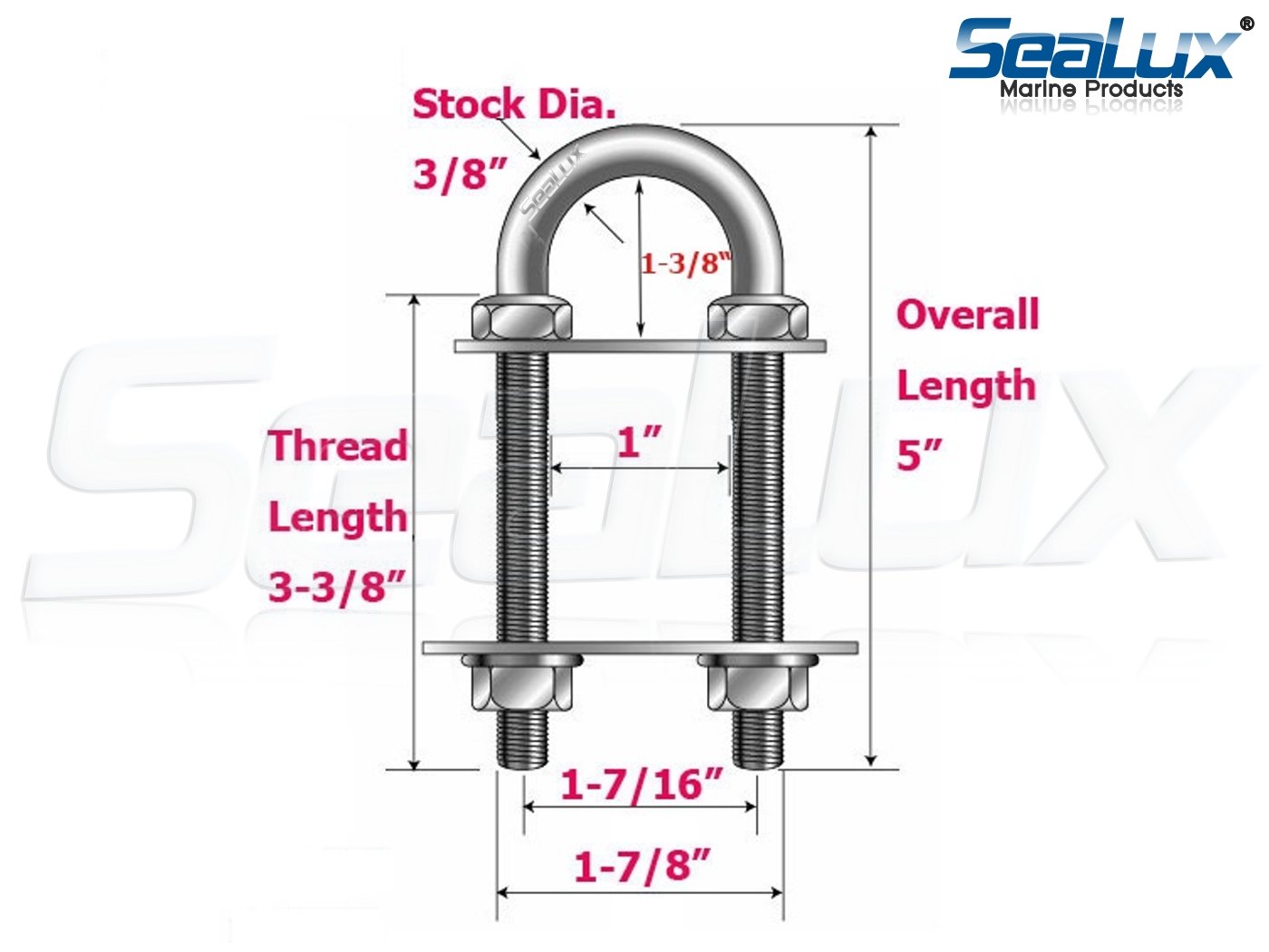 SeaLux Marine Boat Bow Eye Stern Eye U Bolt Tie Down 3/8" Stock, 5" Overall Length, 3-3/8" Thread Length with Hex Nuts and Split washers-SL878805850CW