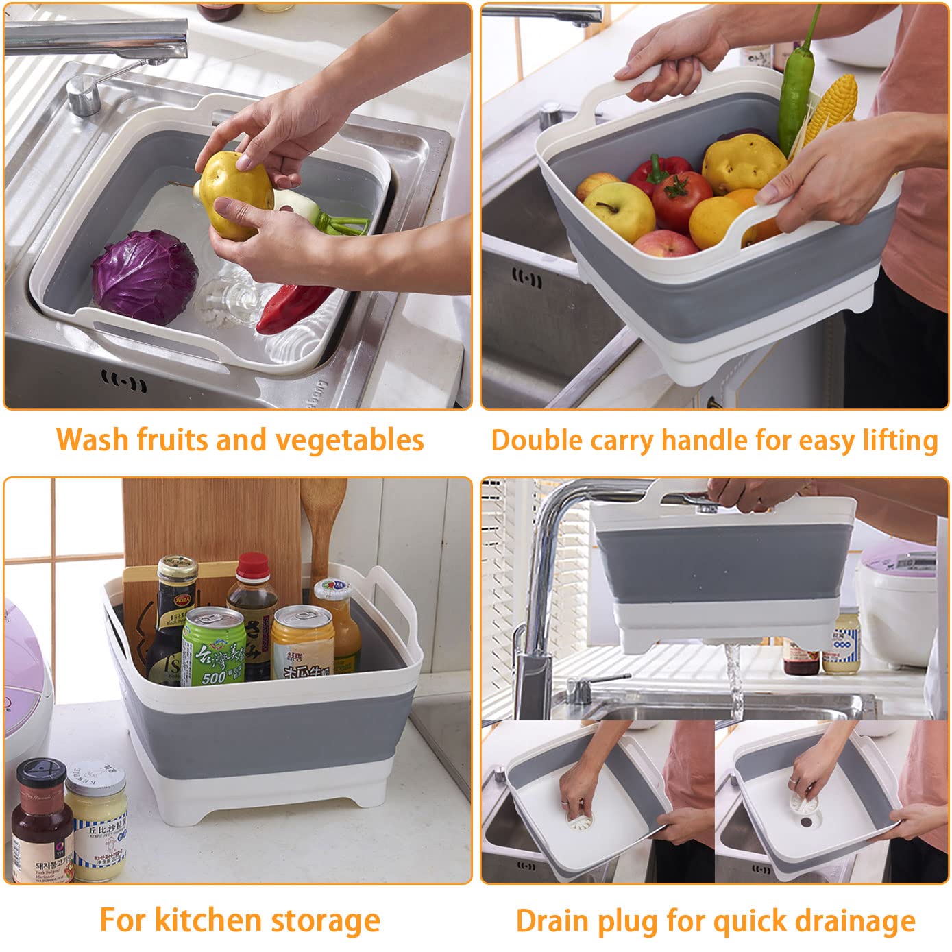 2.4 Gal(9L) Collapsible Dish Basin with Drain Plug, Space Saving Outdoor Multiuse Foldable Sink Tub, Dishpan, Kitchen Storage Tray for Camping, Vegetable Washing, RV (Grey)