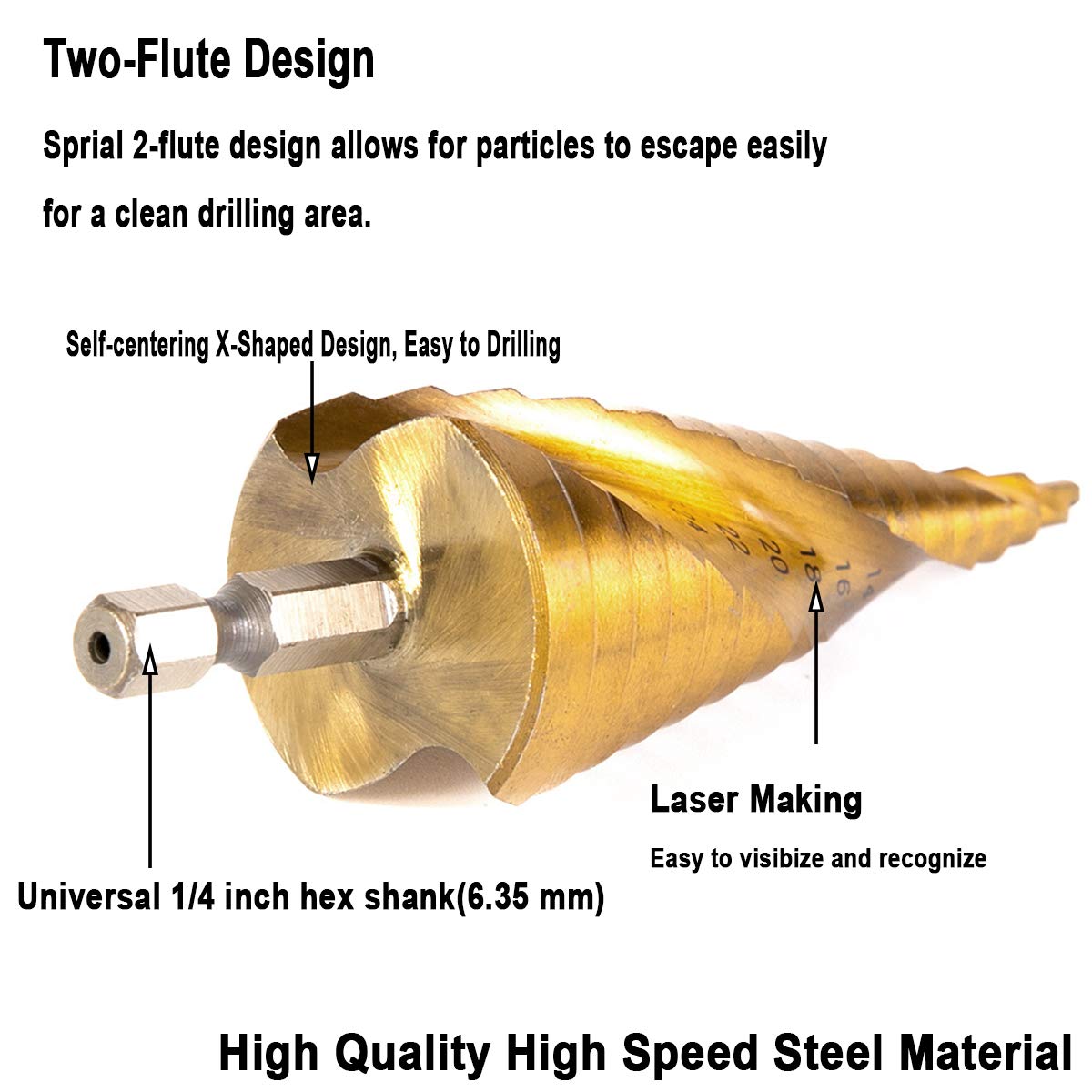 3Pcs HSS Spiral Step Drill Bit Set, 1/4" Hex Shank High Speed Steel Titanium Coated Cone Hole Cutter Bit with Automatic Center Punch for Drilling Plate Aluminum Metal Wood Hole (4-12mm/4-20mm/4-32mm)